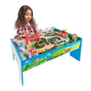 wooden train set table for kids, deluxe had painted with tracks, cars, boats, and accessories for boys and girls by hey! play!