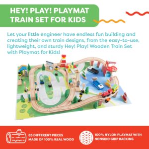 Wooden Train Set with Play Mat for Kids - Includes Deluxe Wood Tracks, Train Cars, Boats, Accessories for Boys and Girls by Hey! Play!