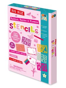 buddy & barney big box of fashion, fairies, & flowers stencils (large 32-piece stencils kit), 150+ shapes, 6 coloring pencils, 5 stencil sheets, arts & crafts drawing stencils for girls, kids 4+