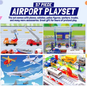 57 PCS Commercial Airport Playset with Airplane Toys, Play Vehicles, Fire Trucks, Police Cars & Figures, and Accessories in Storage Bucket for Kids Imaginative Play