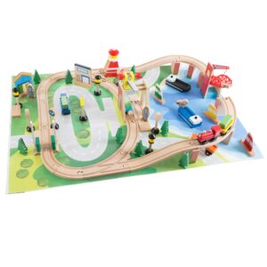 wooden train set with play mat for kids - includes deluxe wood tracks, train cars, boats, accessories for boys and girls by hey! play!