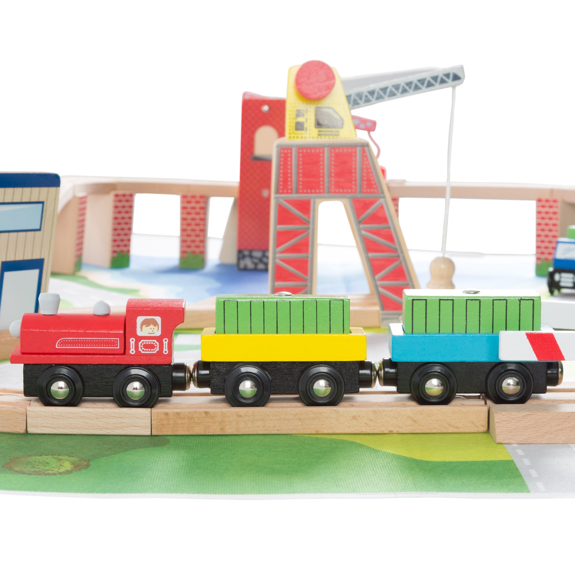 Wooden Train Set with Play Mat for Kids - Includes Deluxe Wood Tracks, Train Cars, Boats, Accessories for Boys and Girls by Hey! Play!