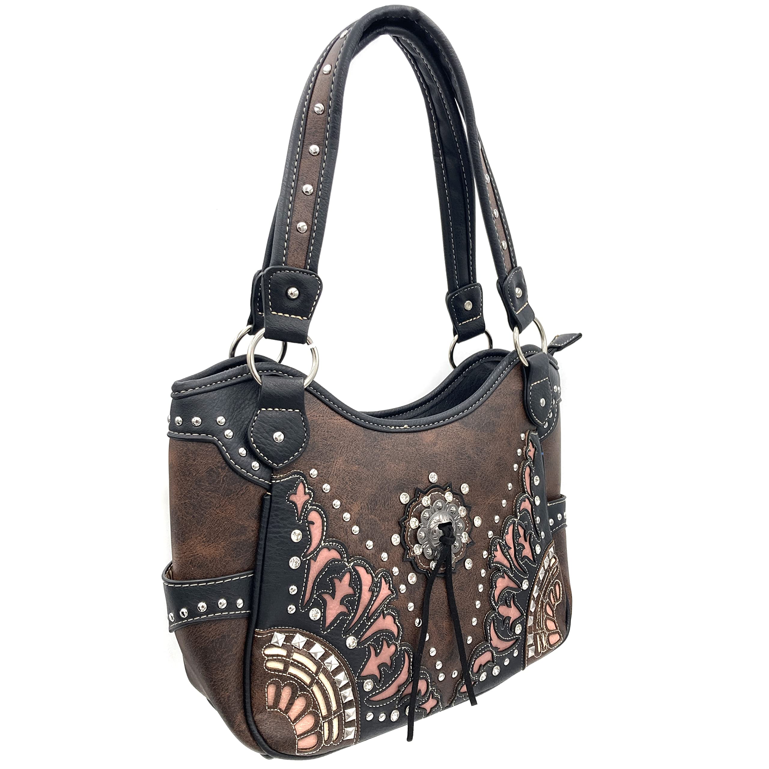 Justin West Autumn Fringe Cut Concho Rhinestone Concealed Carry Handbag Purse Matching Wallet (Brown Purse and Wallet)