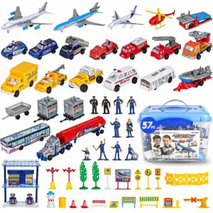 57 pcs commercial airport playset with airplane toys, play vehicles, fire trucks, police cars & figures, and accessories in storage bucket for kids imaginative play