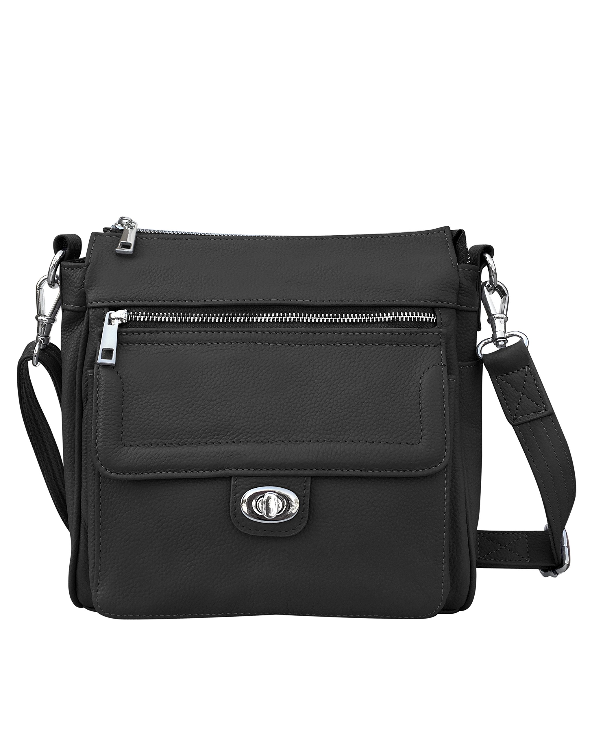 Roma Leathers Cross Body Concealment Purse - Premium Cowhide Leather Handbag - Multiple Pockets - Wire Reinforced Detachable Shoulder Strap - YKK Lockable Zipper - Designed in U.S.A. - Dual Gun Entry