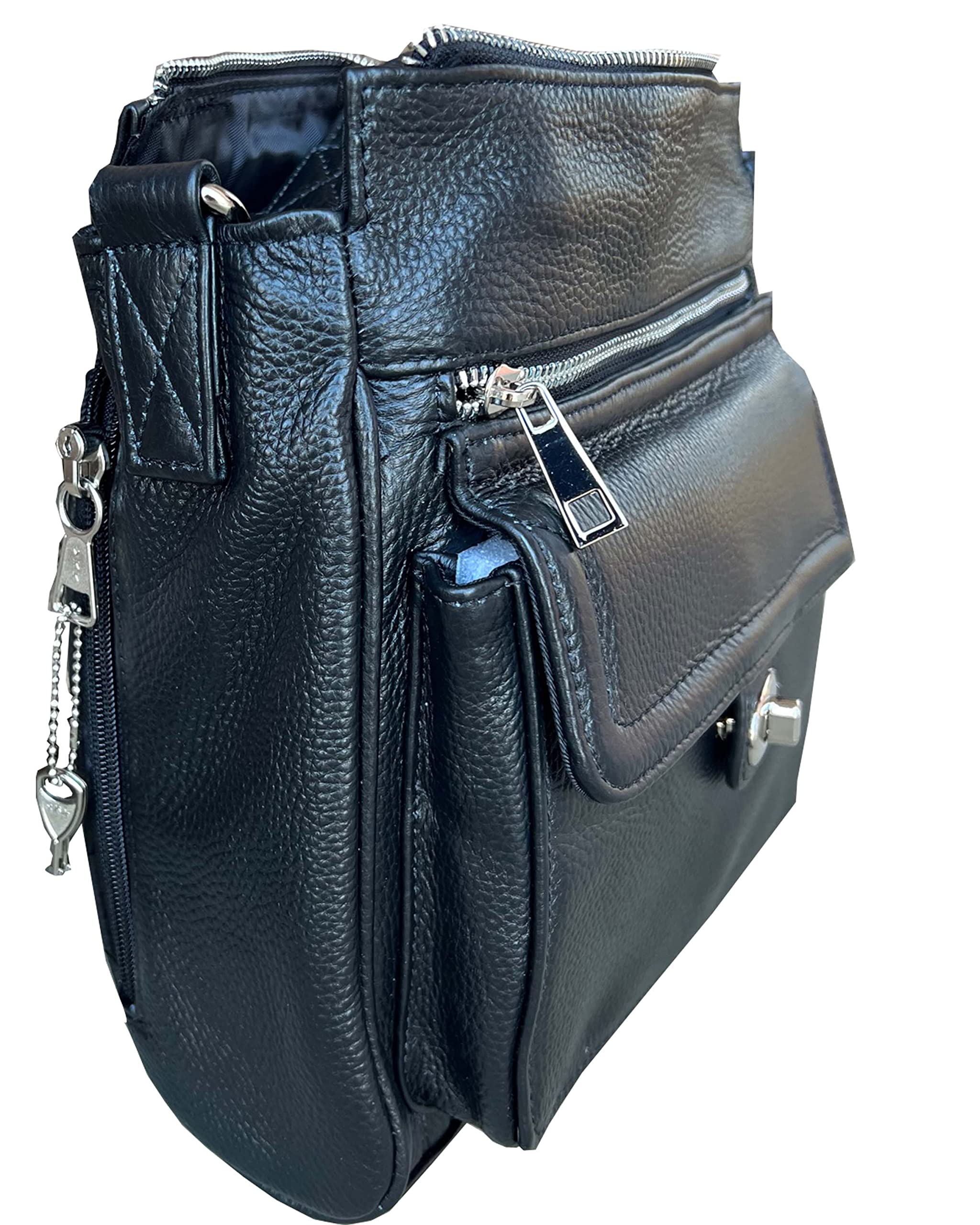 Roma Leathers Cross Body Concealment Purse - Premium Cowhide Leather Handbag - Multiple Pockets - Wire Reinforced Detachable Shoulder Strap - YKK Lockable Zipper - Designed in U.S.A. - Dual Gun Entry