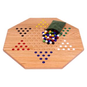 amishtoybox.com oak wooden chinese checkers board game set, hand-painted, 19" wide