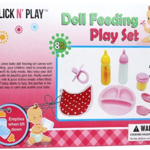 Click N' Play 8-pc Baby Doll Feeding Set w/Accessories | Baby Doll Accessories Set, Dolls Set/Stuff, Toy Bottles, Disappearing Milk, Food Set, Bottle Toys, Pretend Play Supplies | Toddler, Girls