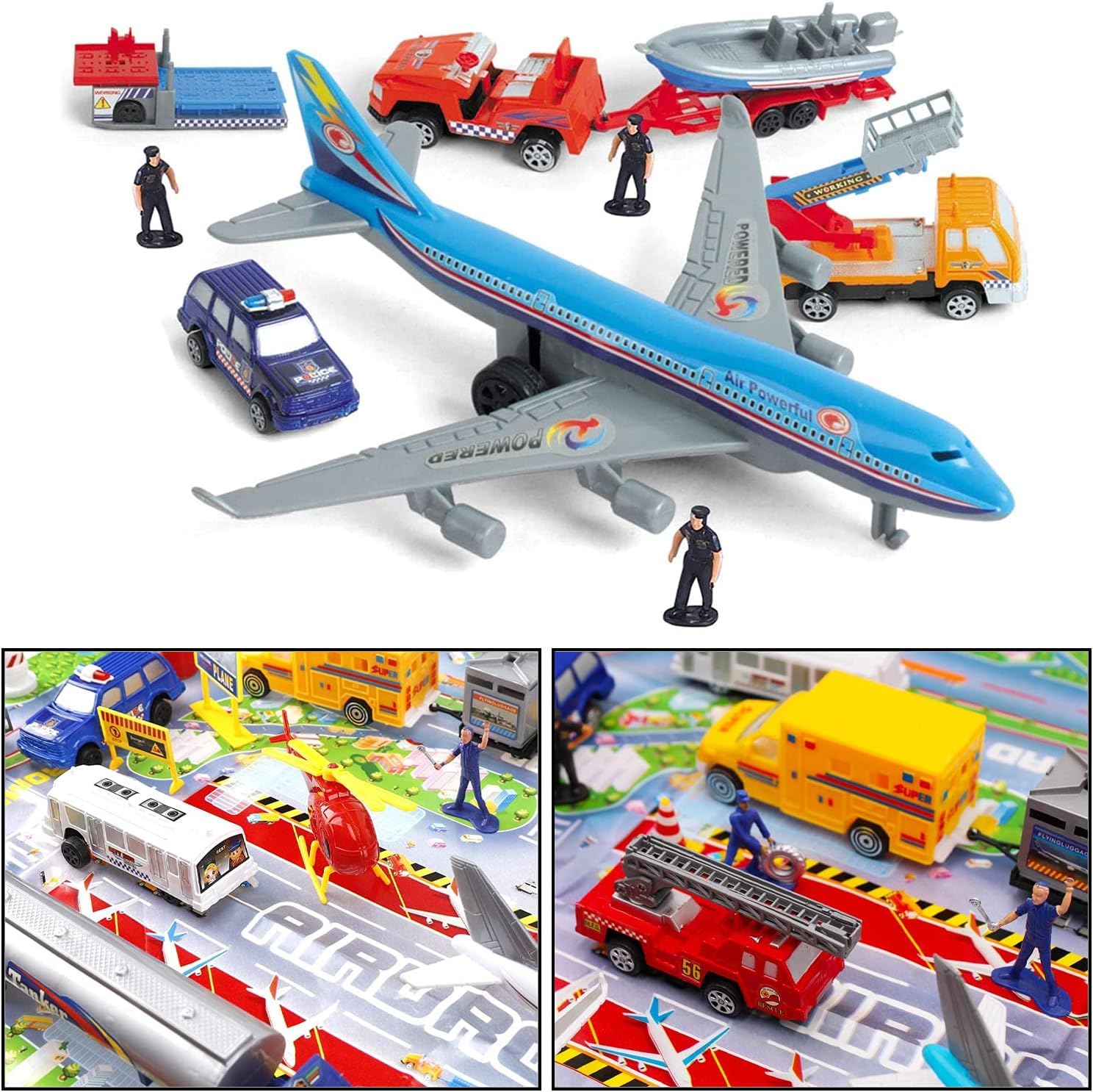 57 PCS Commercial Airport Playset with Airplane Toys, Play Vehicles, Fire Trucks, Police Cars & Figures, and Accessories in Storage Bucket for Kids Imaginative Play