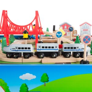 Wooden Train Set Table for Kids, Deluxe Had Painted with Tracks, Cars, Boats, and Accessories for Boys and Girls by Hey! Play!