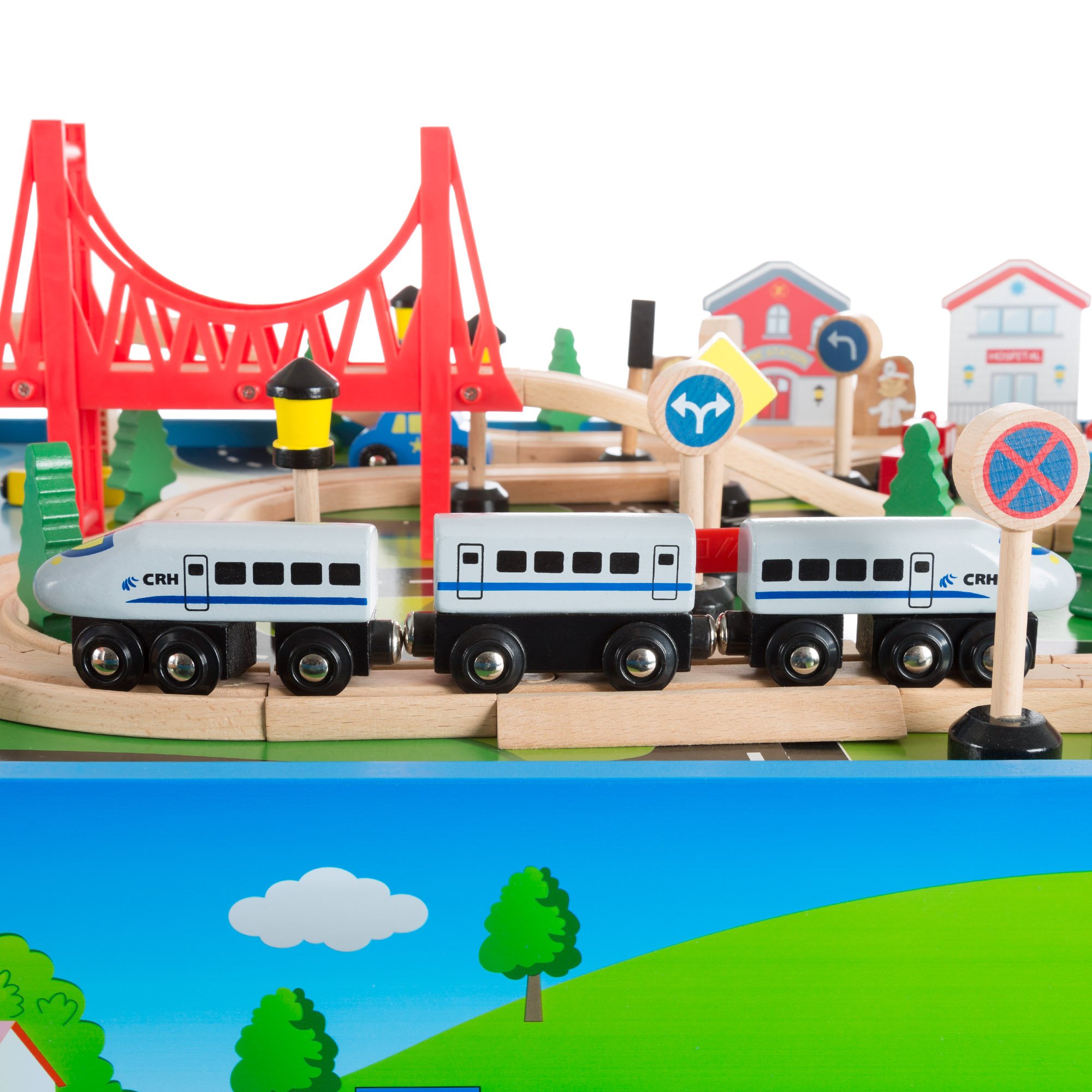 Wooden Train Set Table for Kids, Deluxe Had Painted with Tracks, Cars, Boats, and Accessories for Boys and Girls by Hey! Play!