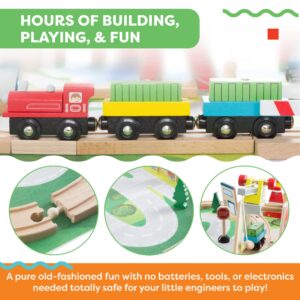 Wooden Train Set with Play Mat for Kids - Includes Deluxe Wood Tracks, Train Cars, Boats, Accessories for Boys and Girls by Hey! Play!