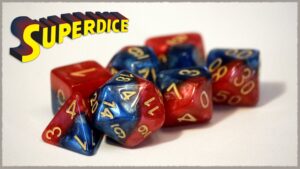 superdice halfsies dice - 7 die polyhedral dice set - super blue & heroic red - gold numbering