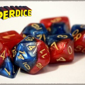 Superdice Halfsies Dice - 7 die polyhedral dice Set - Super Blue & Heroic Red - Gold Numbering