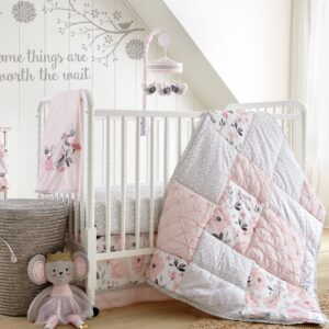 levtex baby - elise crib bed set - baby nursery set - pink, grey, and white - floral and velvet patchwork - 5 piece set includes quilt, two fitted sheets, wall decal & skirt/dust ruffle