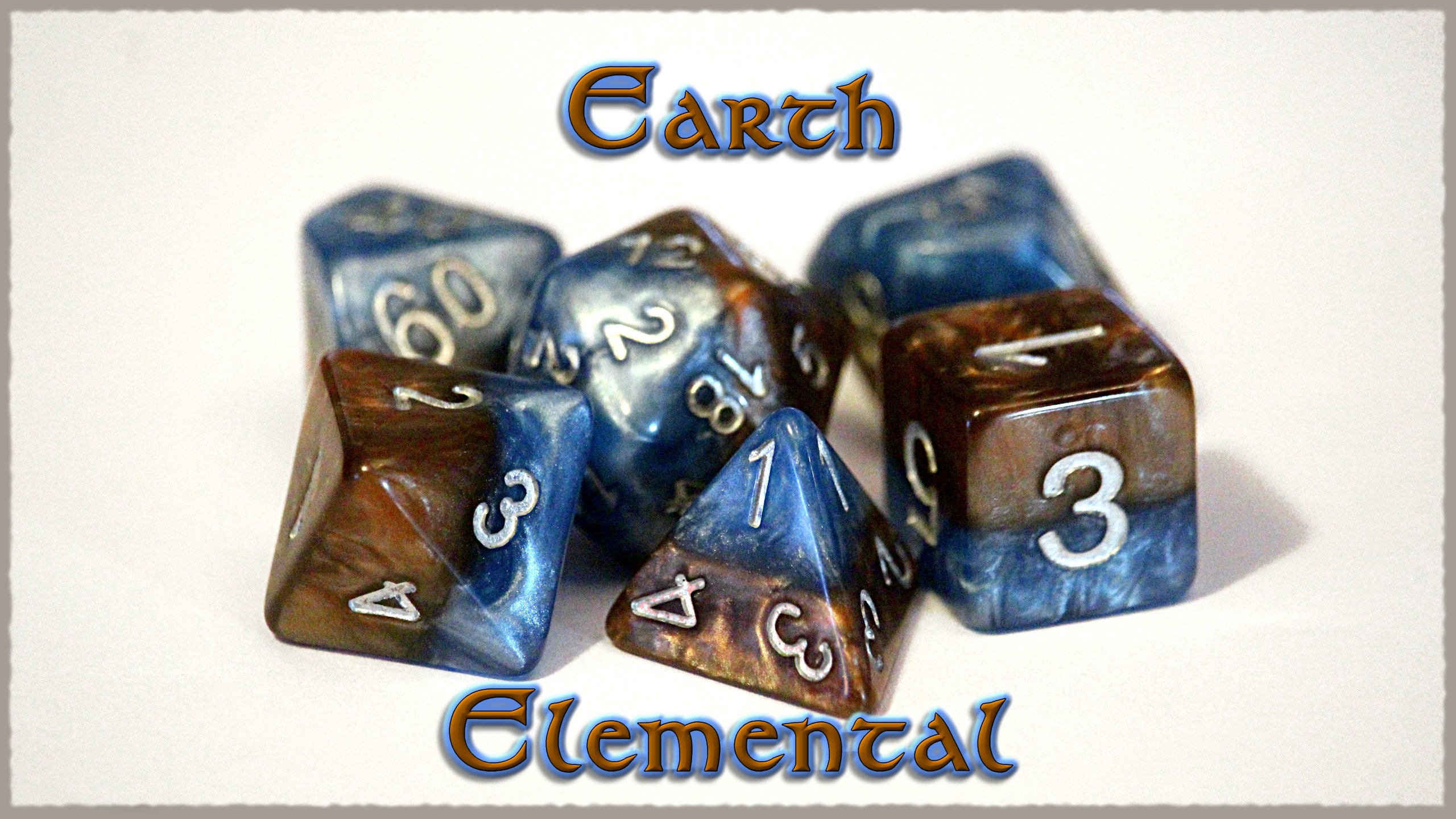 Earth Elemental Halfsies Dice - 7 die polyhedral dice Set - Cerulean Blue & Terran Brown - Silver Numbering