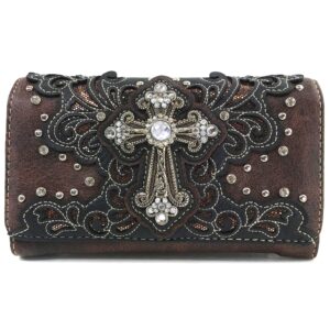 justin west bling gleam rhinestone cross floral messenger bag purse with long cross body strap (brown wallet only)