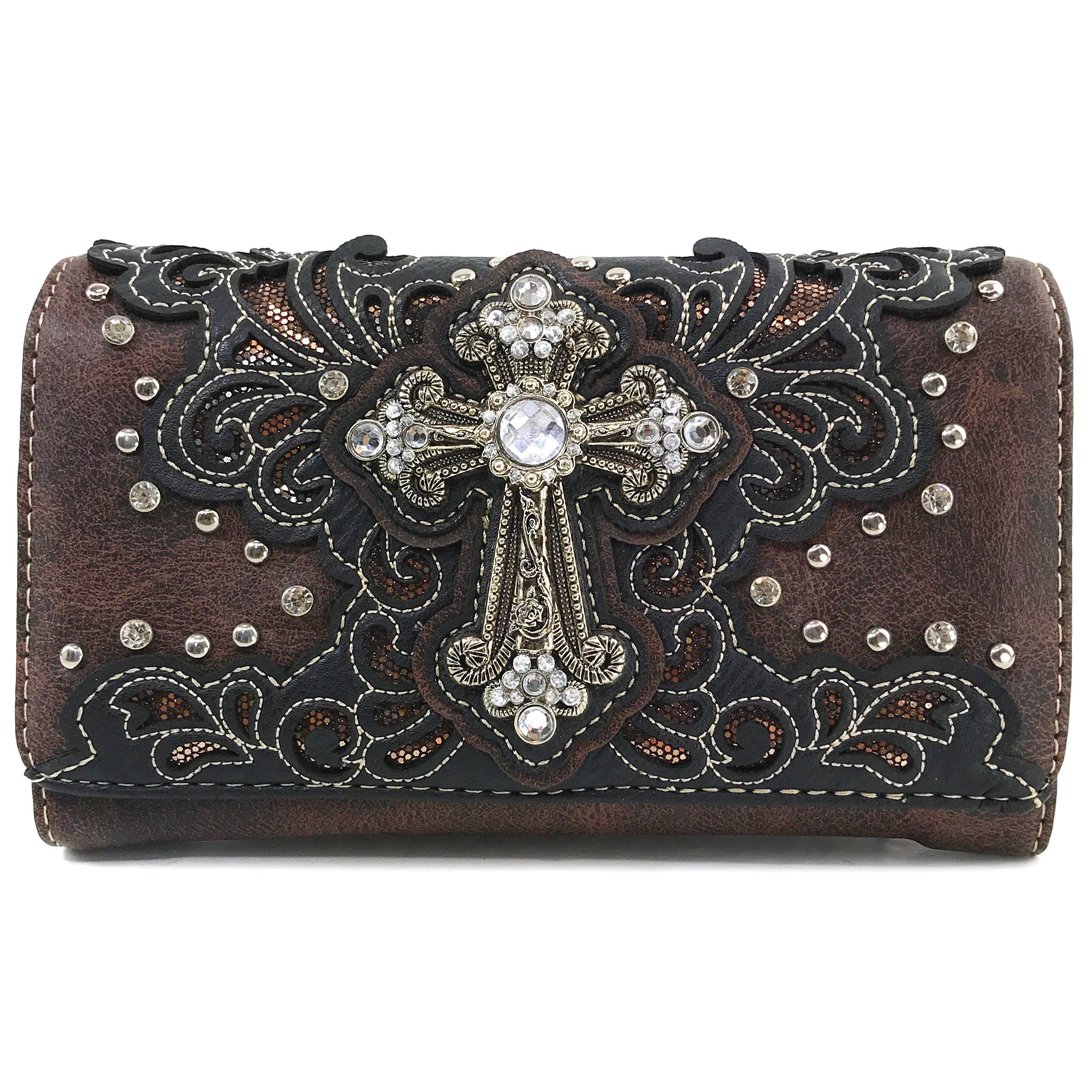 Justin West Bling Gleam Rhinestone Cross Floral Messenger Bag Purse with Long Cross Body Strap (Brown Wallet Only)