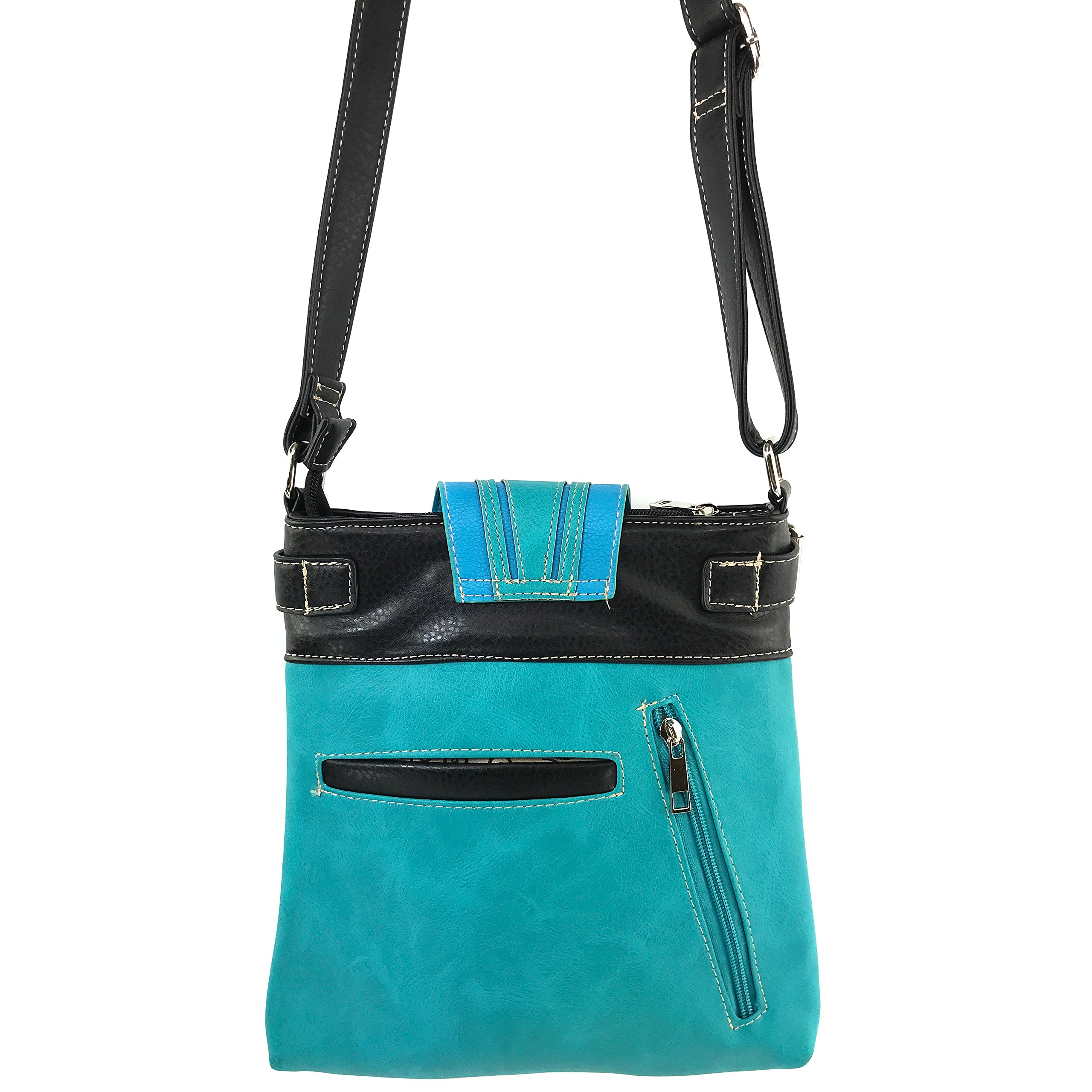 Justin West Turquoise Stone Buckle Rhinestone Western Floral Embroidery Shoulder Handbag | Trifold Wallet (Turquoise Messenger Only)