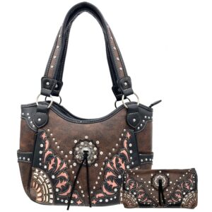 justin west autumn fringe cut concho rhinestone concealed carry handbag purse matching wallet (brown purse and wallet)