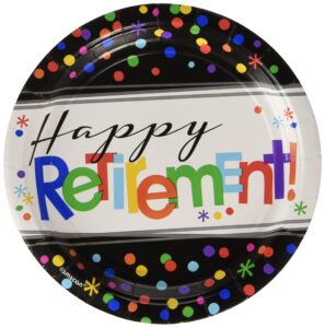 officially retired "happy retirement!" round plates, 7" (12 packs of 8) – black plates with colorful dots design, perfect for retirement parties and send-offs - 96 pcs.