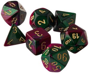 chessex gemini polyhedral 7-die set, green/purple/gold