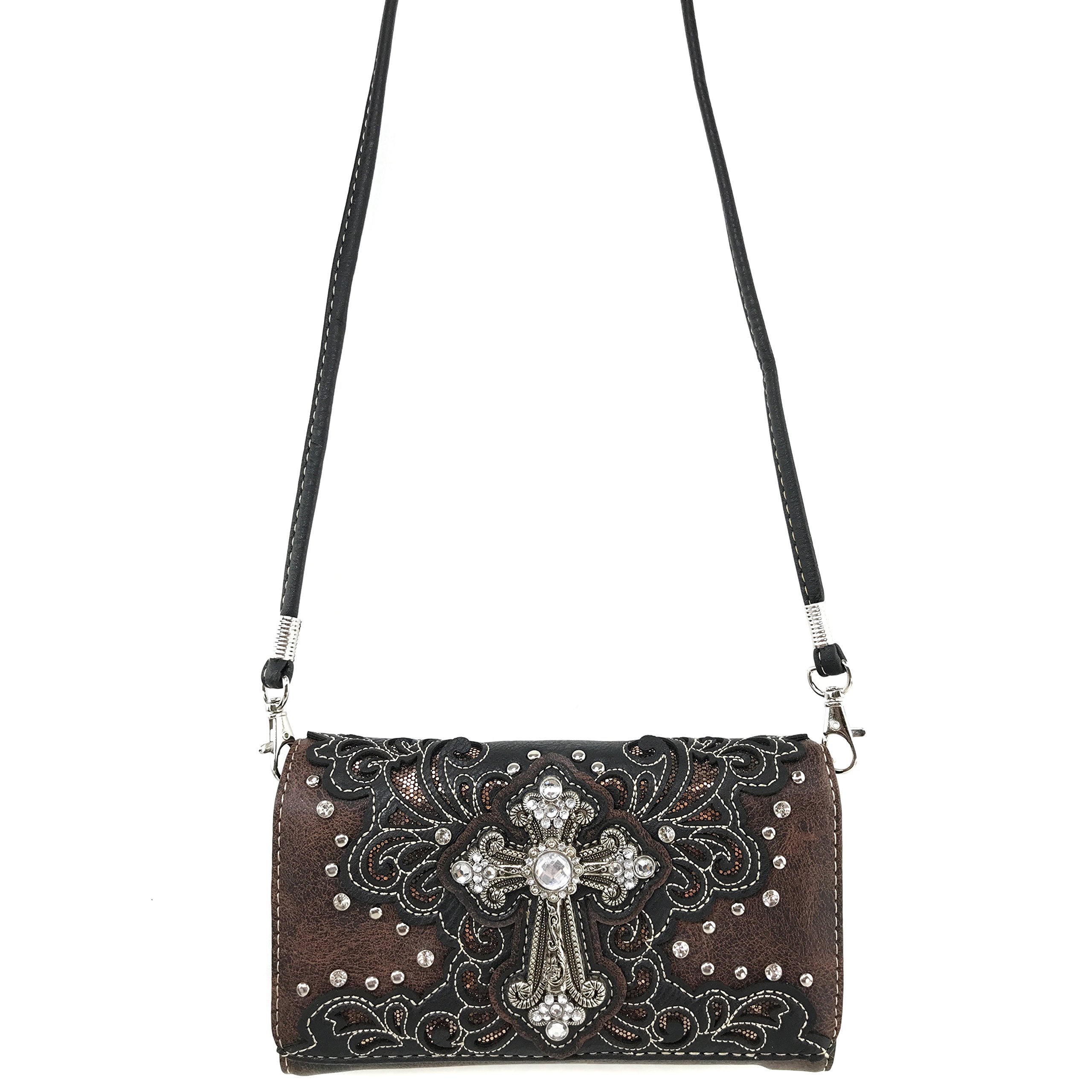 Justin West Bling Gleam Rhinestone Cross Floral Messenger Bag Purse with Long Cross Body Strap (Brown Wallet Only)