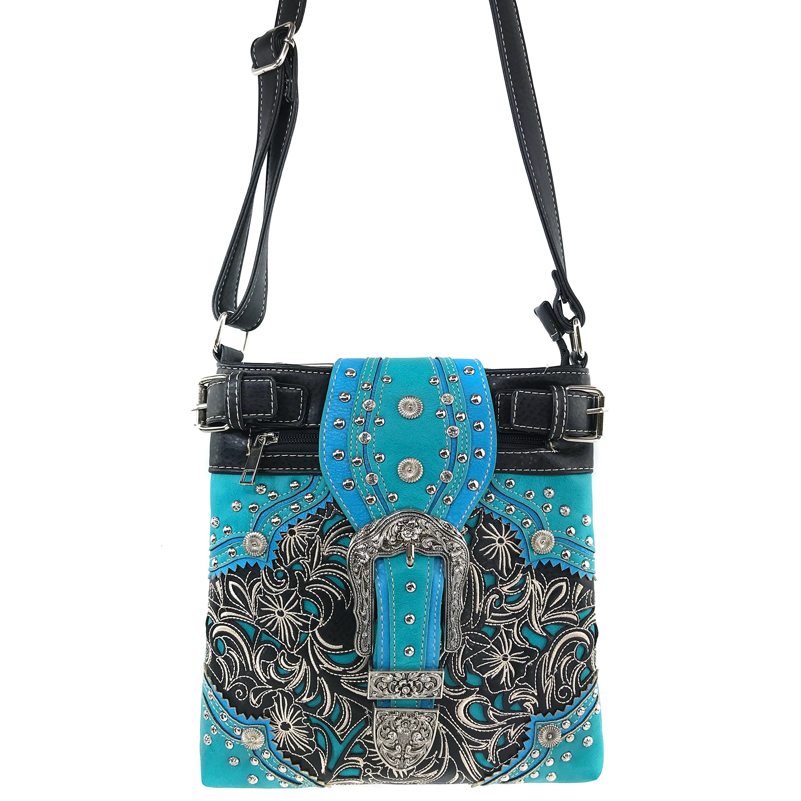 Justin West Turquoise Stone Buckle Rhinestone Western Floral Embroidery Shoulder Handbag | Trifold Wallet (Turquoise Messenger Only)