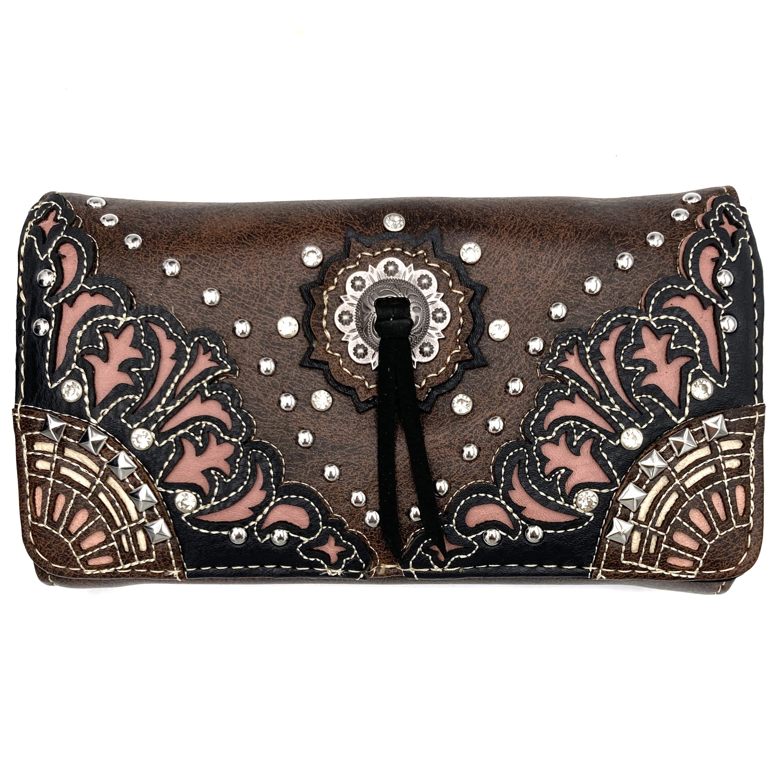 Justin West Autumn Fringe Cut Concho Rhinestone Concealed Carry Handbag Purse Matching Wallet (Brown Purse and Wallet)