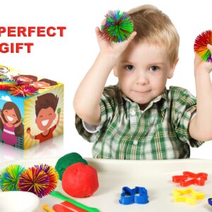 Fun Toy Stringy Balls Game Set of 5 Bundle Gift Box Bulk Relief Relax Fidget Play Squeeze Sensory Rainbow Splat Ball Monkey Toy Pom Pom Stress Ball Games for Kids Children Adults Office and Home