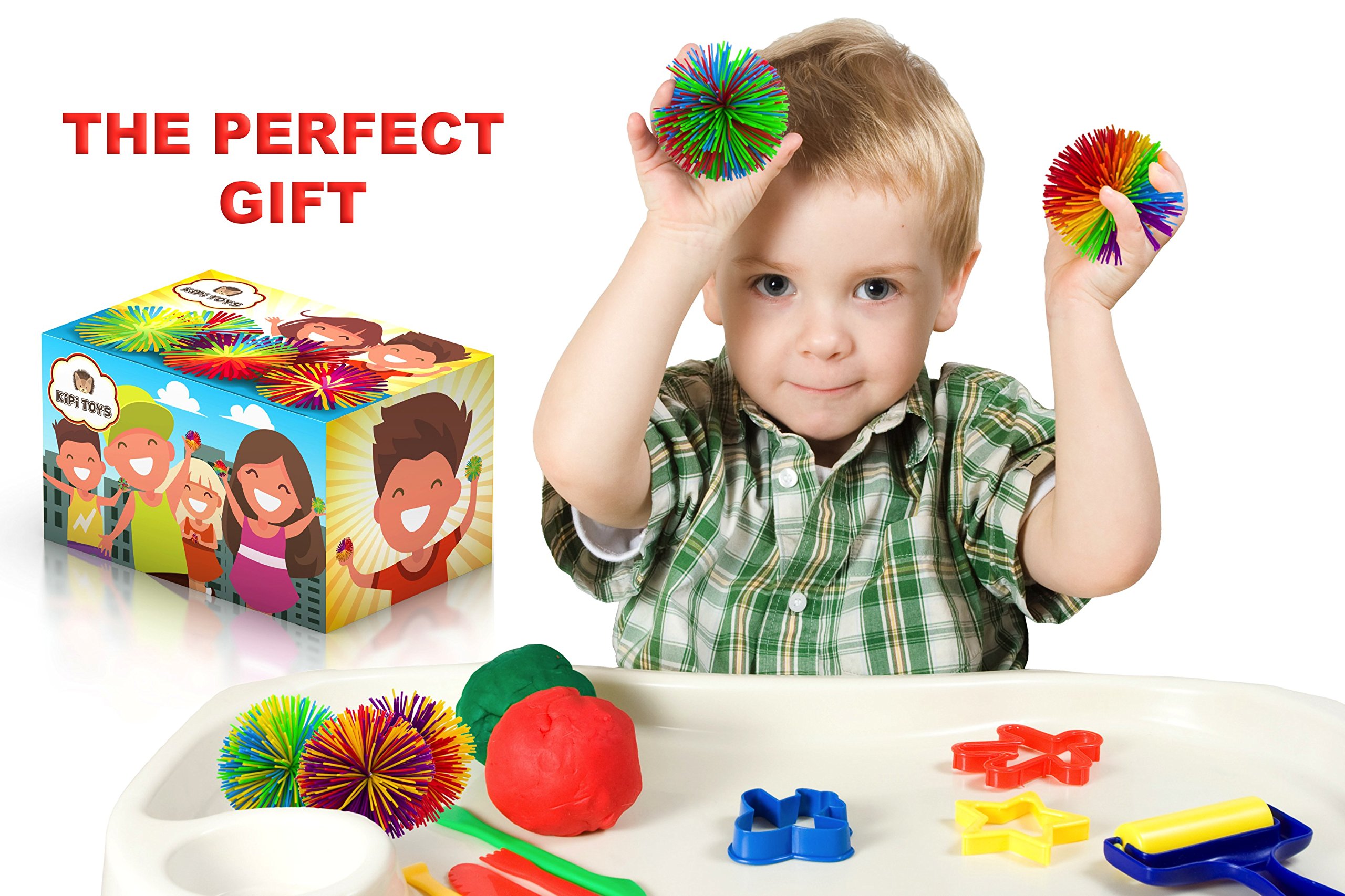 Fun Toy Stringy Balls Game Set of 5 Bundle Gift Box Bulk Relief Relax Fidget Play Squeeze Sensory Rainbow Splat Ball Monkey Toy Pom Pom Stress Ball Games for Kids Children Adults Office and Home