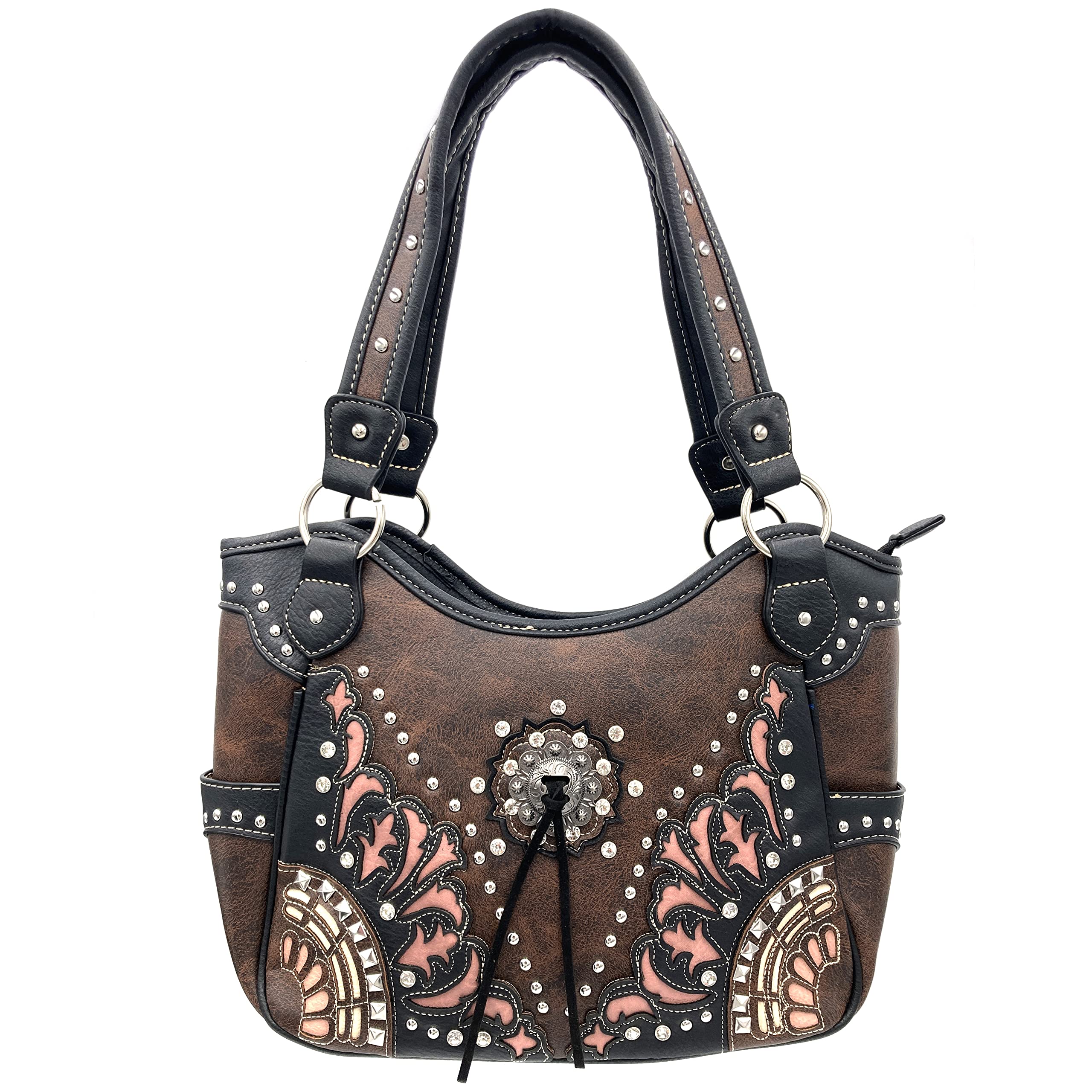 Justin West Autumn Fringe Cut Concho Rhinestone Concealed Carry Handbag Purse Matching Wallet (Brown Purse and Wallet)