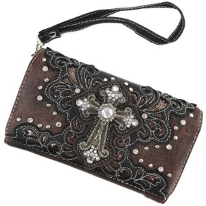 Justin West Bling Gleam Rhinestone Cross Floral Messenger Bag Purse with Long Cross Body Strap (Brown Wallet Only)