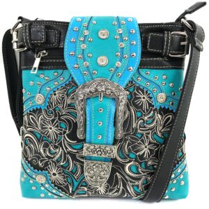 justin west turquoise stone buckle rhinestone western floral embroidery shoulder handbag | trifold wallet (turquoise messenger only)