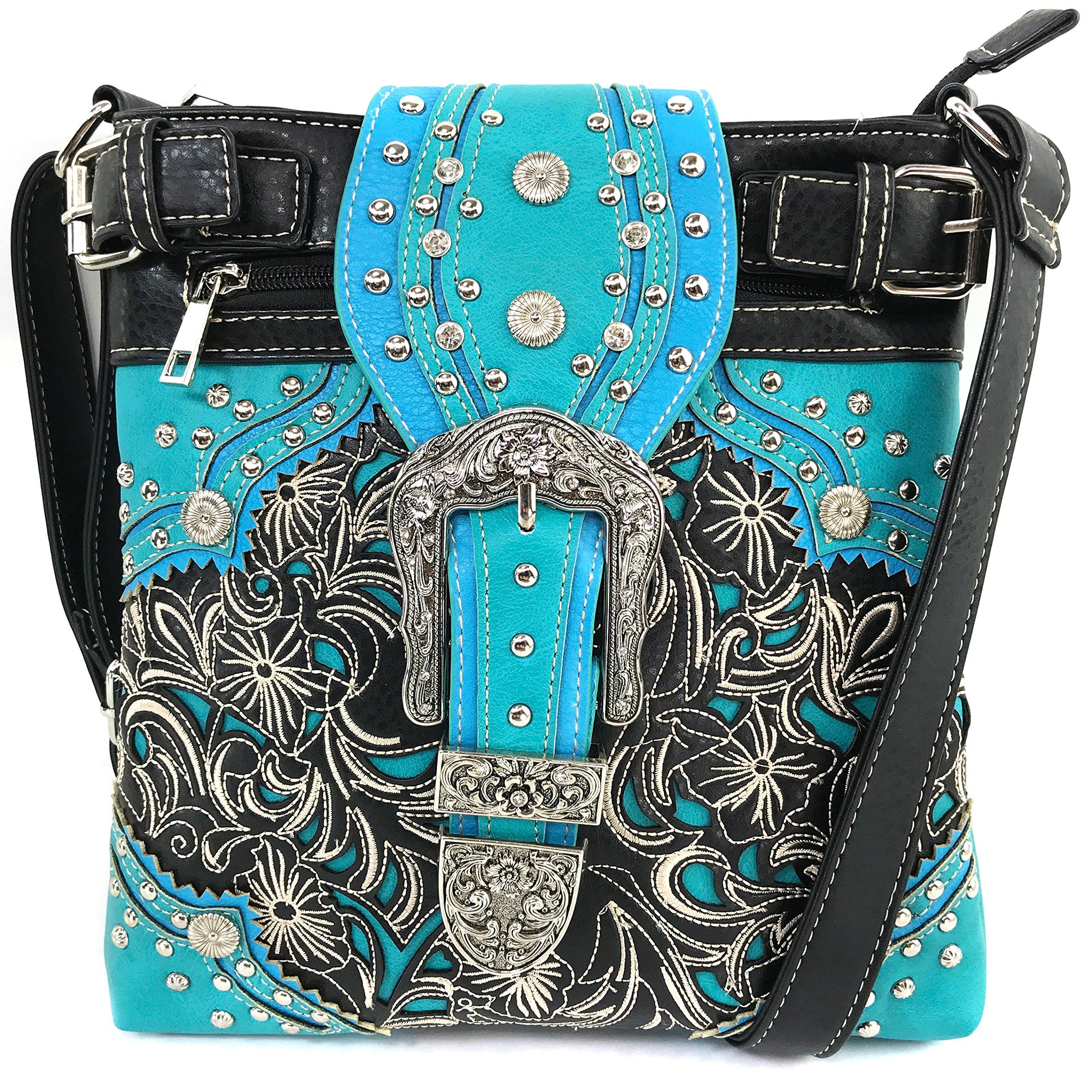 Justin West Turquoise Stone Buckle Rhinestone Western Floral Embroidery Shoulder Handbag | Trifold Wallet (Turquoise Messenger Only)