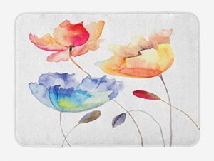 ambesonne watercolor flower bath mat, summer flowers in retro style painting effect nature is art, plush bathroom decor mat with non slip backing, 30.2" x 20", orange blue red