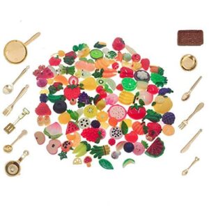 SIX VANKA Miniature Food 112pcs Mixed Resin Fruit & Vegetable Kitchenware Tableware Set for Children Birthday Party Pretend Play Kitchen Toy Doll House DIY Art Decoration