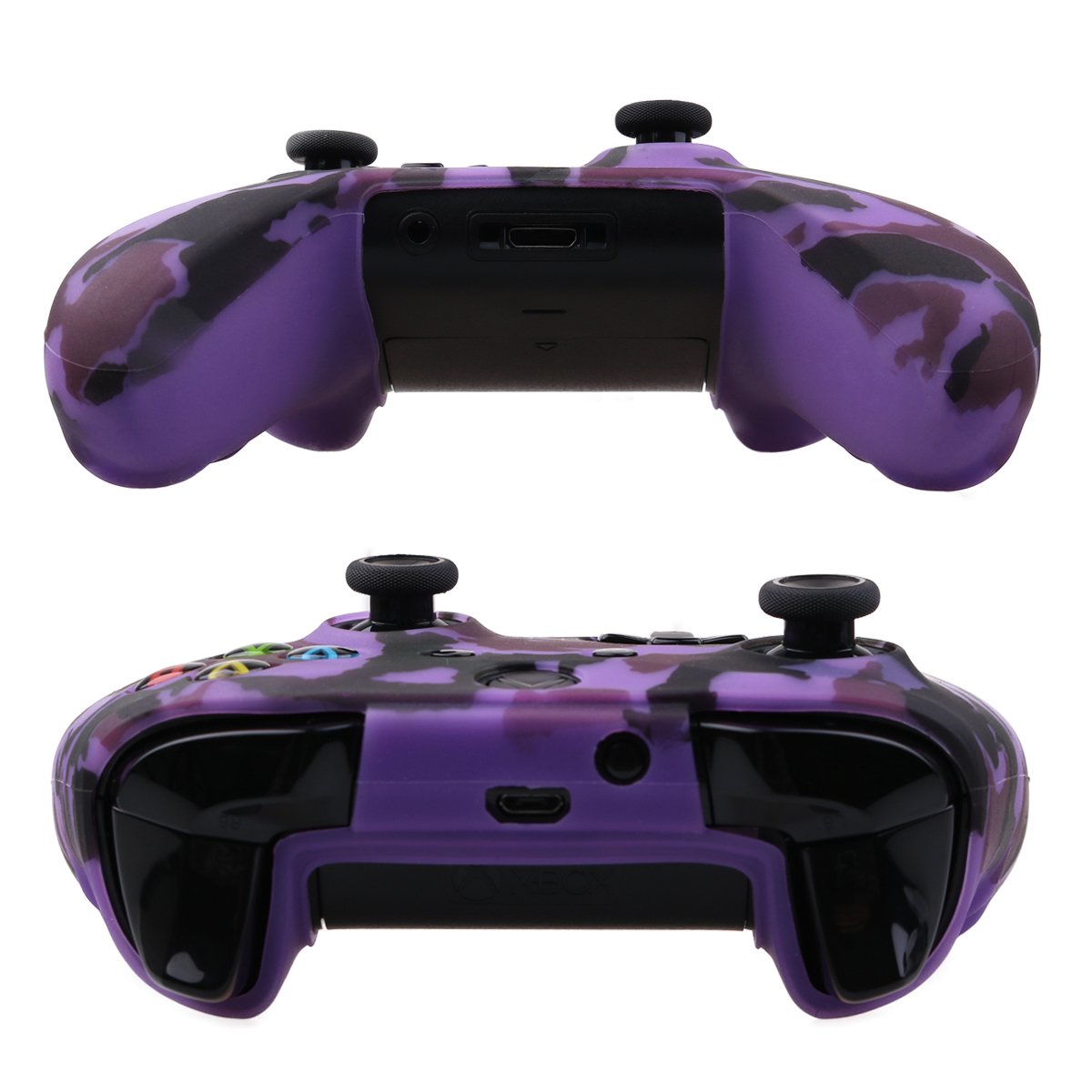 YoRHa Water Transfer Printing Camouflage Silicone Cover Skin Case for Microsoft Xbox One X & Xbox One S Controller x 1(Purple) with PRO Thumb Grips x 8