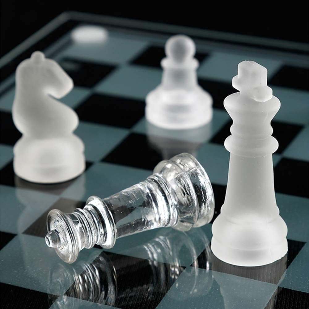 10"*10" Glass Chess Set Frosted and Clear Pieces Felted Bottom for Adult and Teens（Gift for Game Education）