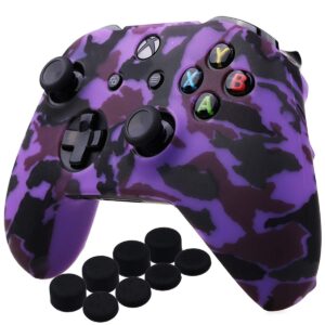 yorha water transfer printing camouflage silicone cover skin case for microsoft xbox one x & xbox one s controller x 1(purple) with pro thumb grips x 8