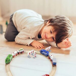 On Track USA Wooden Train Set for Toddlers Battery Operated Action Rescue Trains with 3 Magnetic Motorized Engines and 6 Cars, Compatible with Thomas, Brio, Melissa and Doug