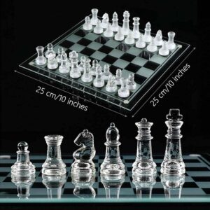 10"*10" Glass Chess Set Frosted and Clear Pieces Felted Bottom for Adult and Teens（Gift for Game Education）