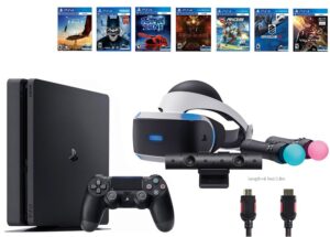 playstation vr start bundle 10 items:vr start bundle,sony ps4 slim 1tb console - jet black,7 vr game disc until dawn:rush of blood, eve:valkyrie,battlezone,batman:arkham vr, driveclub,eagle flight