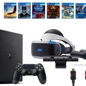 PlayStation VR Start Bundle 10 Items:VR Start Bundle,Sony PS4 Slim 1TB Console - Jet Black,7 VR Game Disc Until Dawn:Rush of Blood, EVE:Valkyrie,Battlezone,Batman:Arkham VR, DriveClub,Eagle Flight