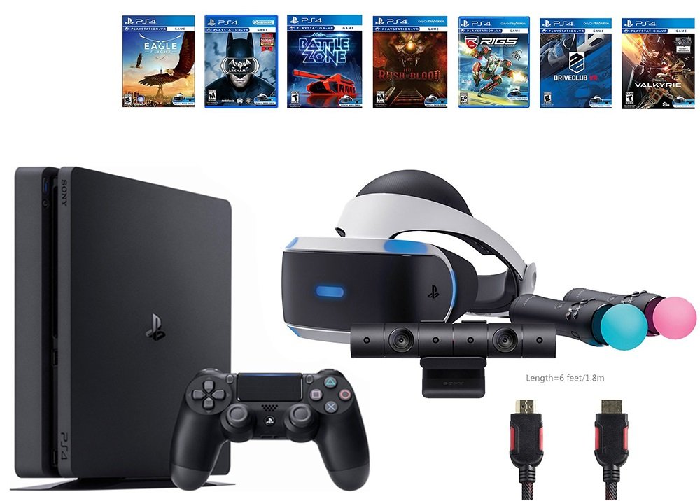 PlayStation VR Start Bundle 10 Items:VR Start Bundle,Sony PS4 Slim 1TB Console - Jet Black,7 VR Game Disc Until Dawn:Rush of Blood, EVE:Valkyrie,Battlezone,Batman:Arkham VR, DriveClub,Eagle Flight