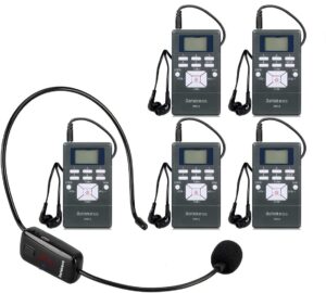 retekess wireless microphone headset system with 1 tr503 transmitter and 5 pr13 fm radio receiver, fm listening system for church,training,school(case of 1 transmitter 5 receivers)