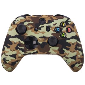 YoRHa Water Transfer Printing Camouflage Silicone Cover Skin Case for Microsoft Xbox One X & Xbox One S Controller x 1(Desert) with PRO Thumb Grips x 8