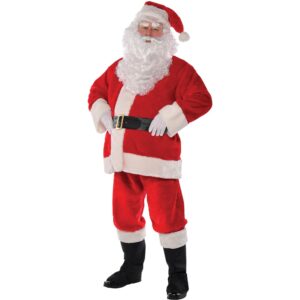 bright red plush santa suit (3xl up to 58" chest) 1 set - includes jacket, hat, belt, pants, boot covers, wig, & beard - festive & cozy holiday outfit, ideal for christmas parties & events