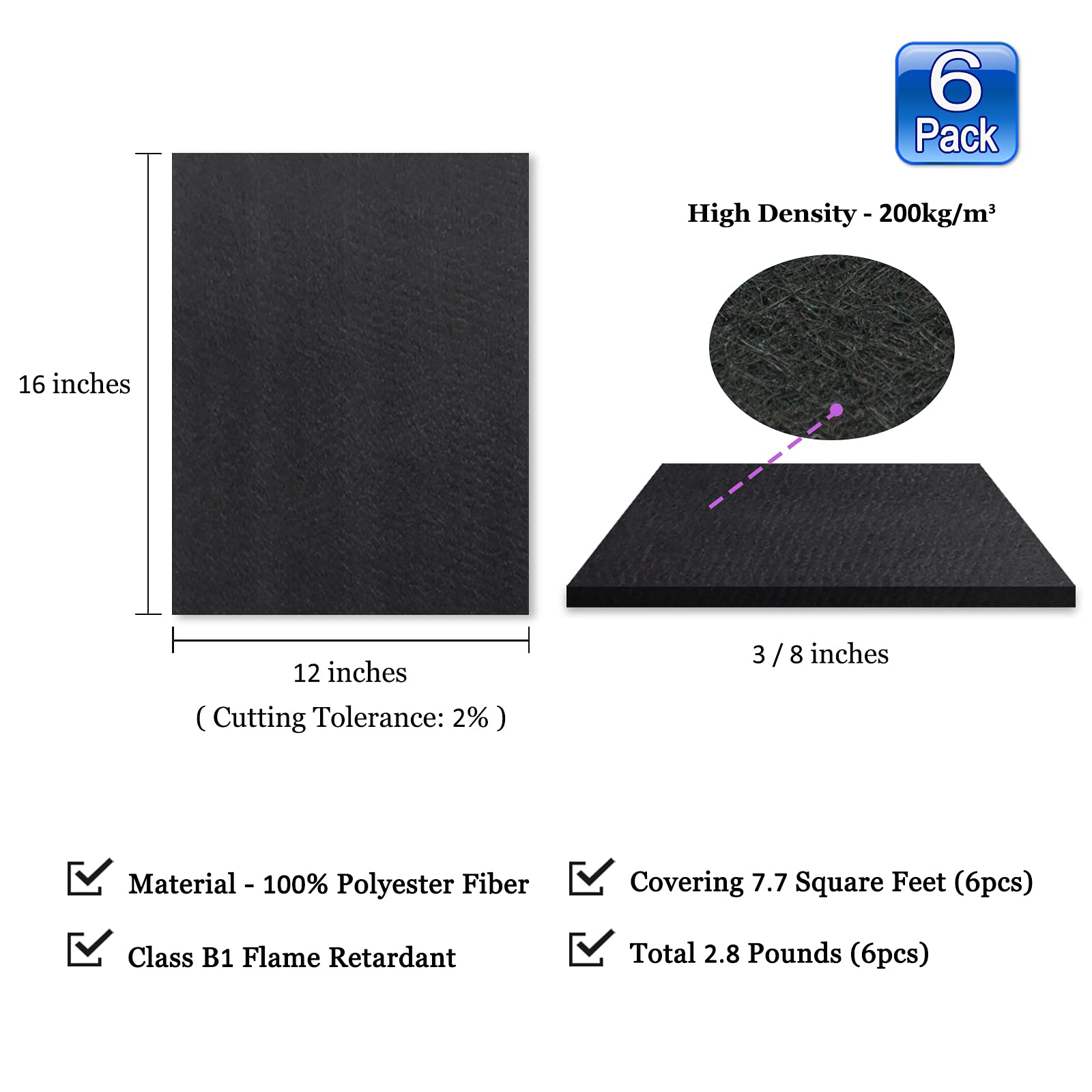 BXI Sound Absorber - 16 X 12 X 3/8 Inches 6 Pack High Density Acoustic Absorption Panel, Sound Absorbing Panels Reduce Echo Reverb, Tackable Acoustic Panels for Wall and Ceiling Acoustic Treatment