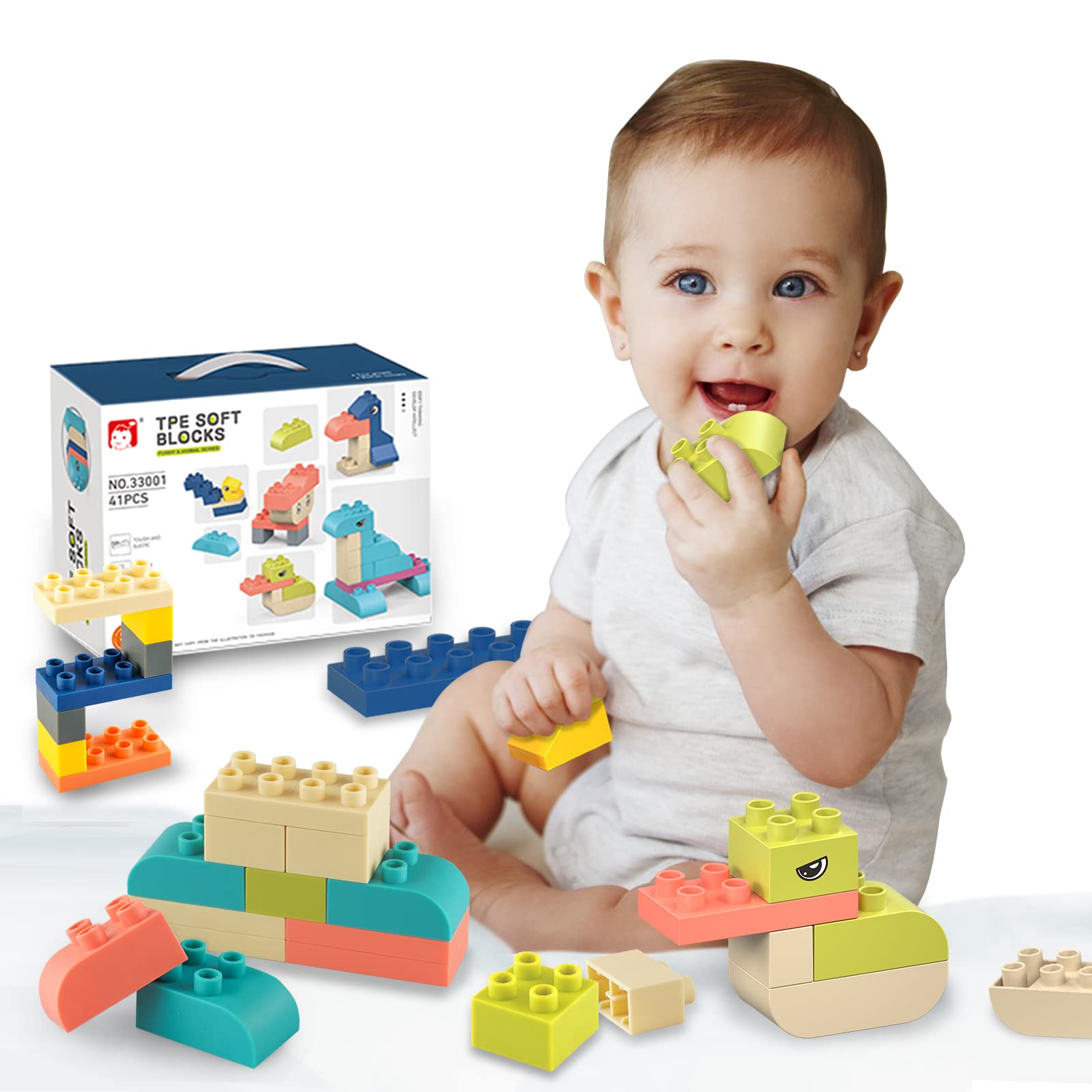 Building Block Sets for Kids, 41PCS Silicone Stacking Blocks for Toddlers, Multi-Colored Soft and Chewable STEM Toys,Early Learning Construction Building Teething Toys for Kids (Animal Series)